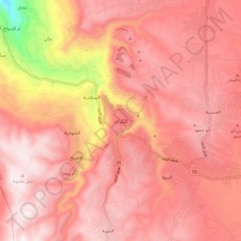 Mapa topográfico Al Karak, altitud, relieve